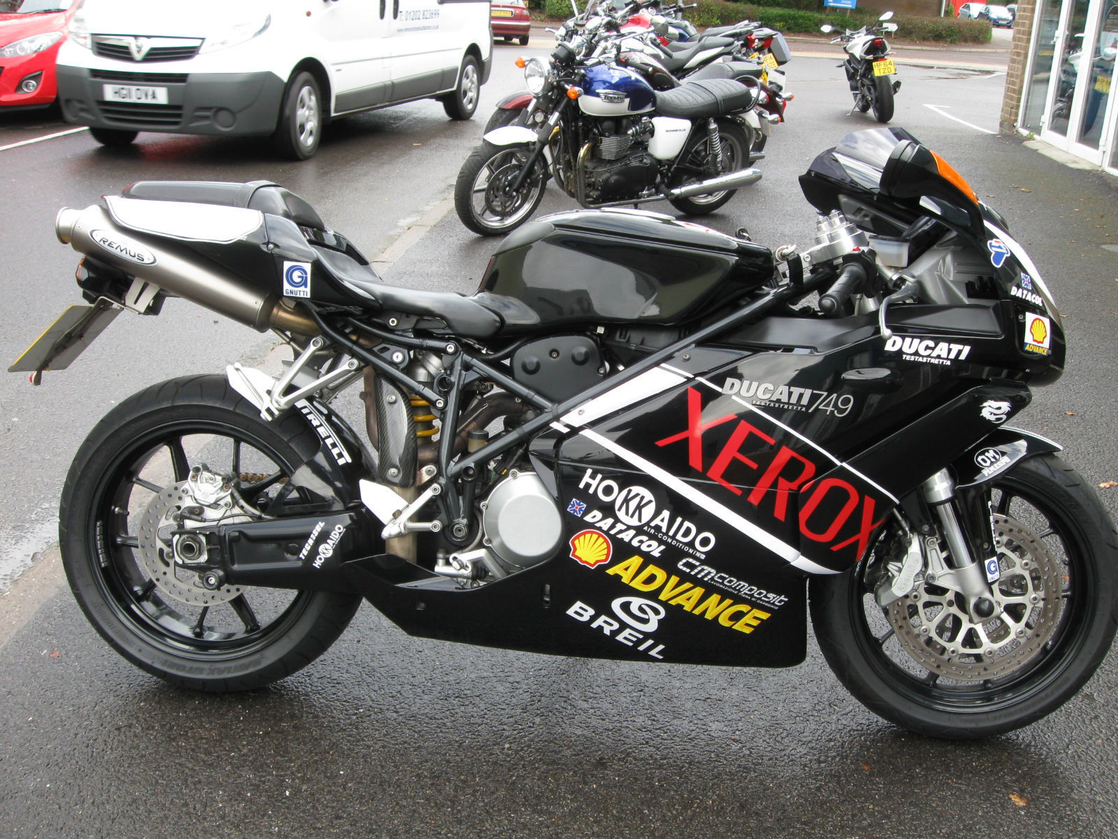 Ducati 749 BIP black xerox graphics 57 remus pipes service history